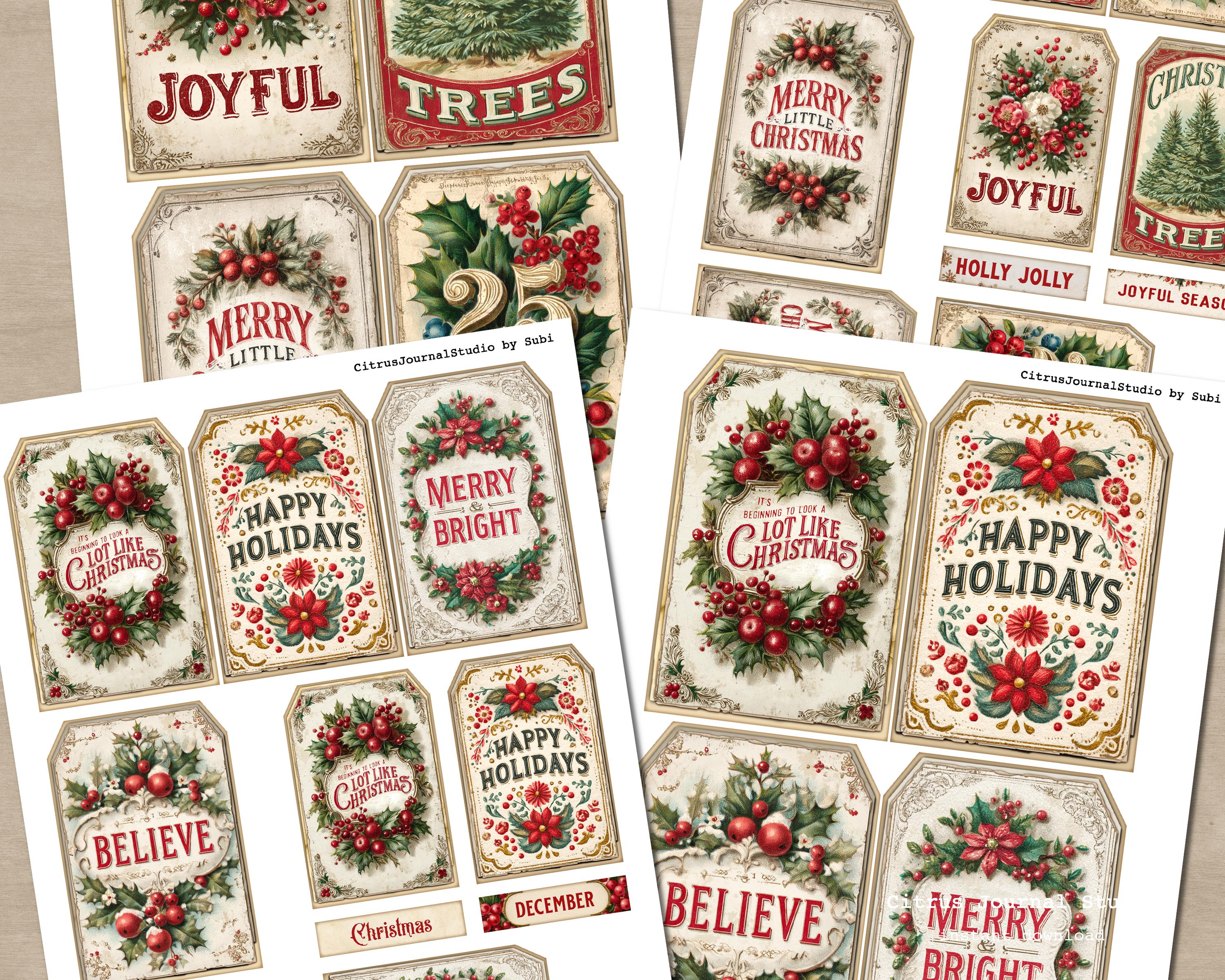 Vintage Christmas Tags, Happy Holidays Gift Tags, Junk Journal Insert ...
