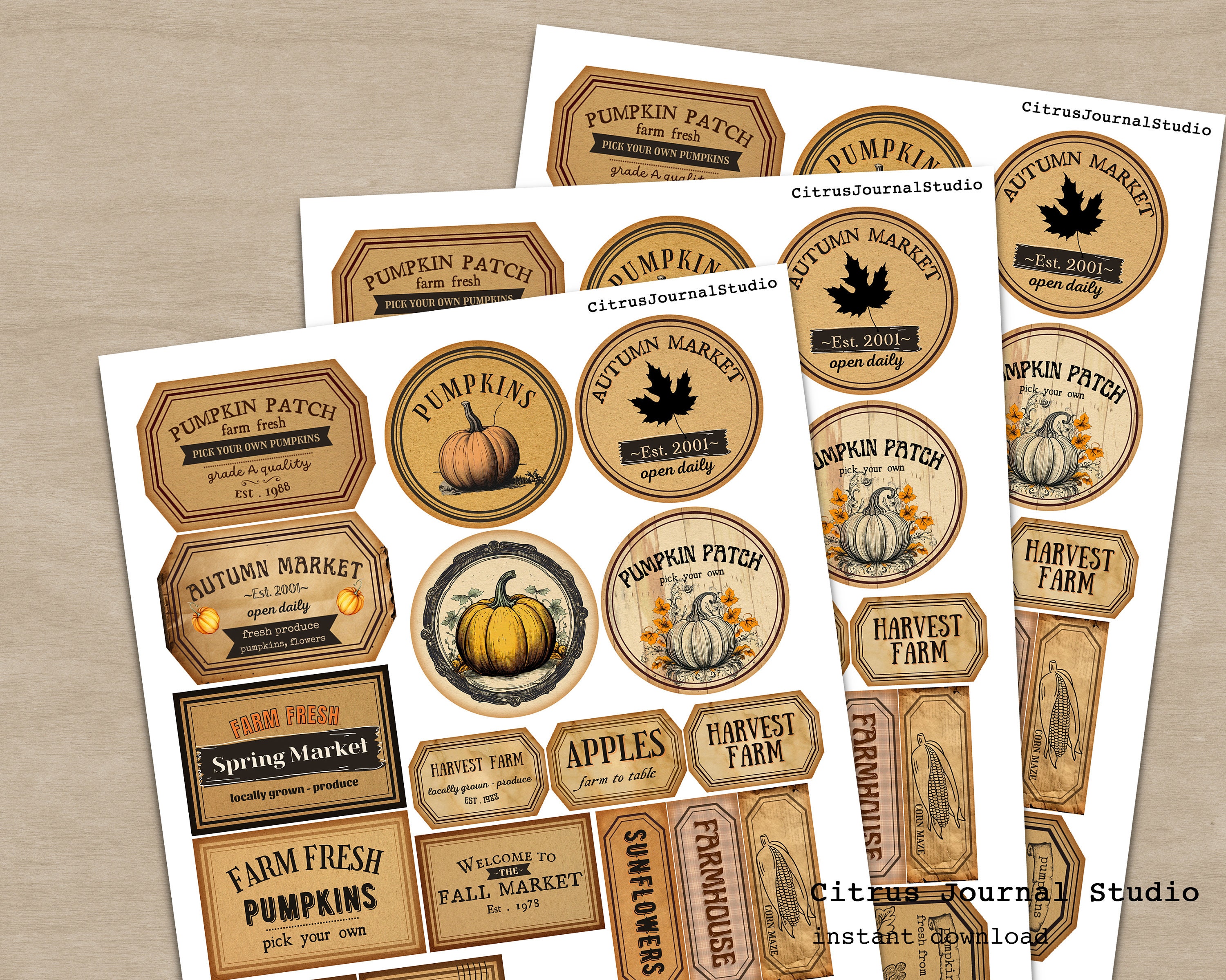 Pumpkin Labels, Autumn Ephemera Tags, Vintage Fall Market Labels, Junk ...