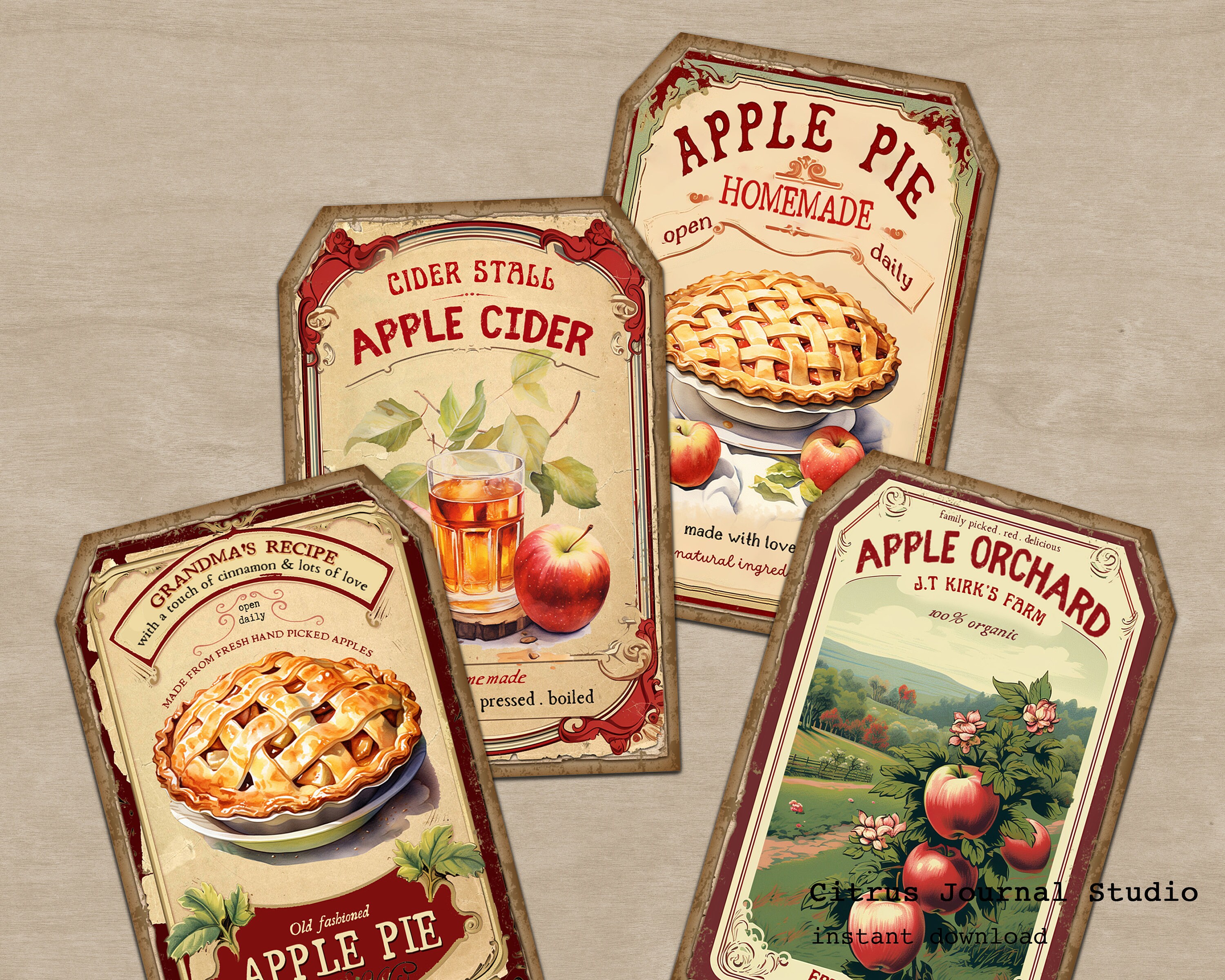 Apple Tags, Junk Journal Tags, Vintage Tags, Apple Pie, Apple Orchard ...