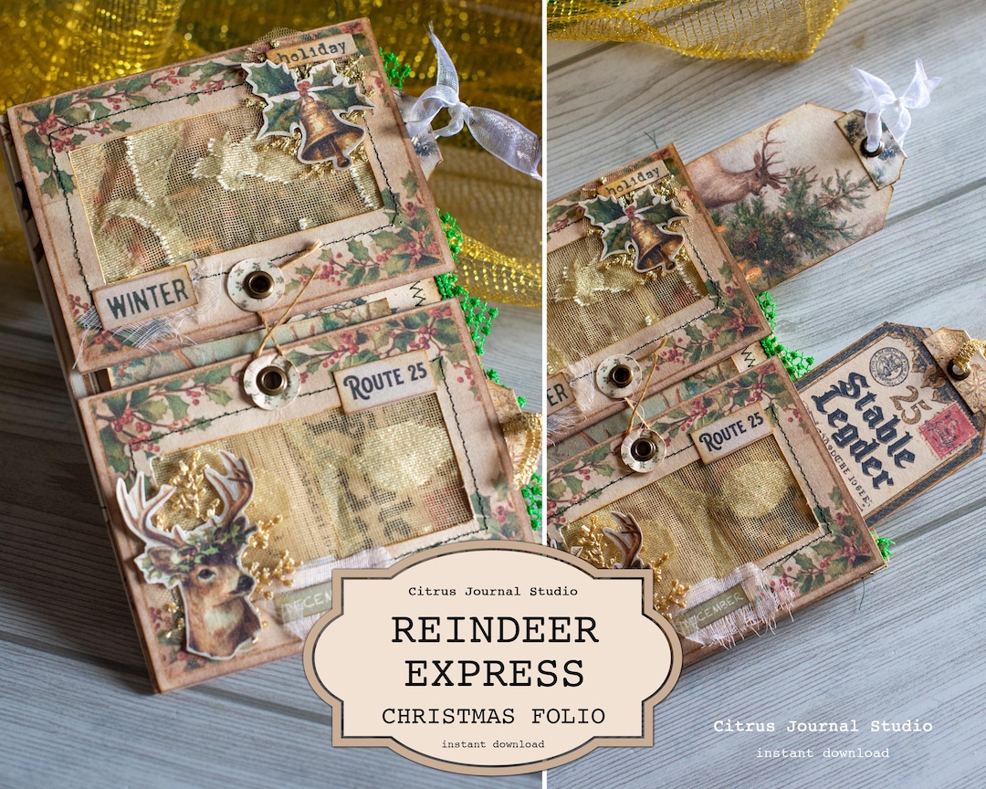 Reindeer Junk Journal Folio – Vintage Christmas Folding Folio Kit, Holiday Tags, Printable ...