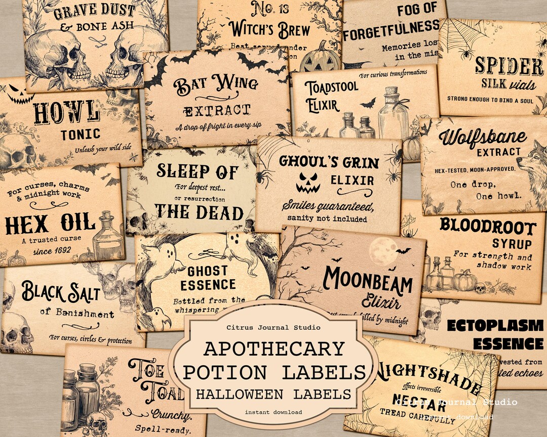 Halloween Potion Labels, Vintage Apothecary ATC Printable, Spooky ...