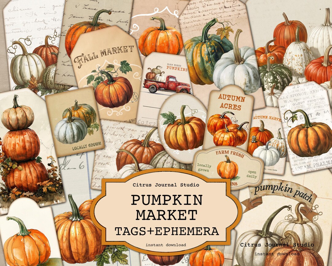 Pumpkin Tags, Fall Journal Tags, Pumpkin Ephemera, Vintage Pumpkin Tags ...