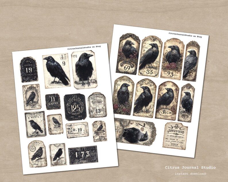 Raven Halloween Tags Printable – Vintage Gothic Journal Ephemera ...