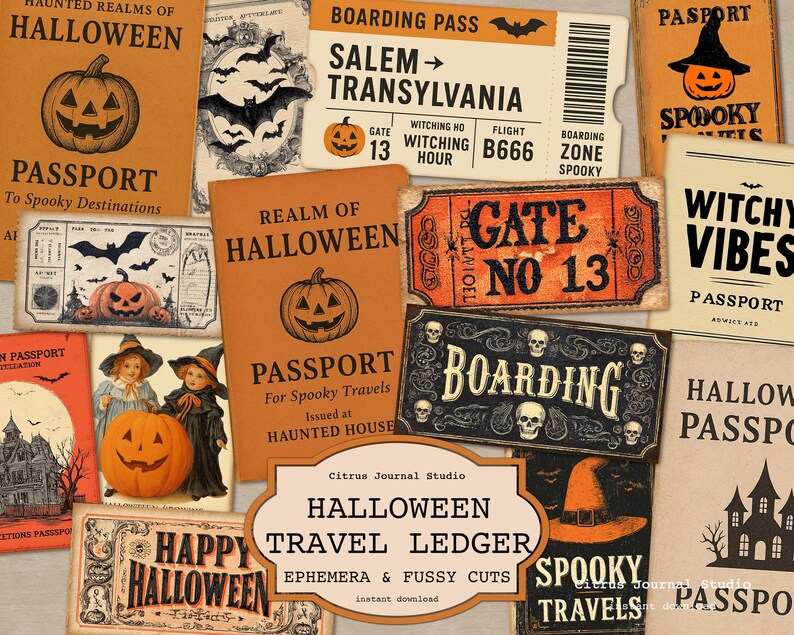 Halloween Ephemera – Vintage Spooky Tickets, October Travel Passport ...