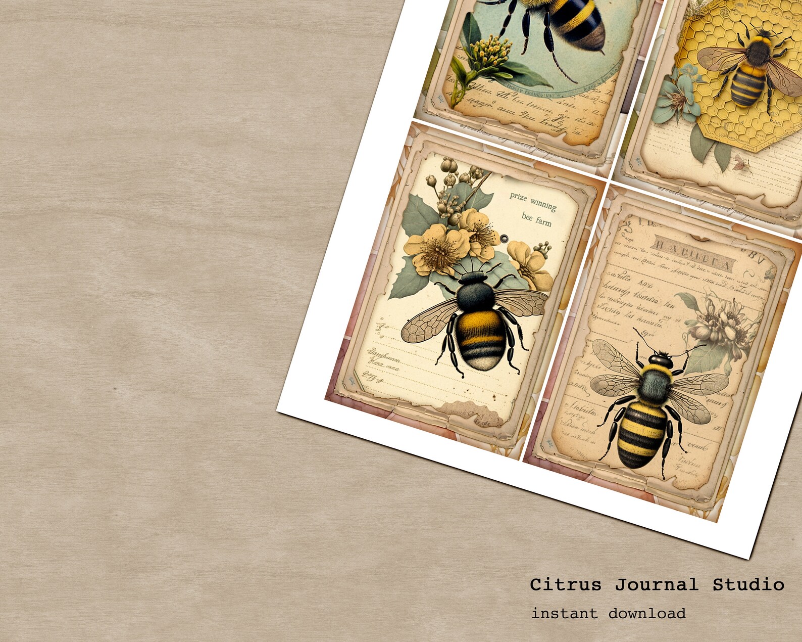 Honey Bee ATC, Vintage Ephemera, Junk Journal Tags, Busy Bee, Bumble ...