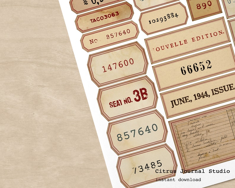 Junk Journal Kit, Number Tags, Blank Tags, Vintage Ephemera ...
