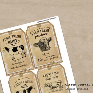 Farm Fresh Milk, Farmhouse Tags, Journal Tags, Farm Fresh Tags, Vintage ...