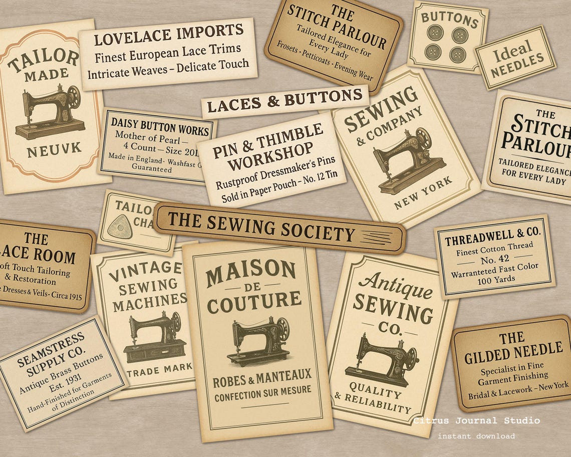 Vintage Sewing Ephemera Printable – Sewing Machine Labels & Seamstress ...