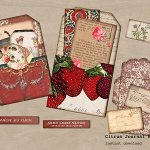Pocket Tags, Junk Journal Kit, Printable Ephemera, Red Floral Tags ...