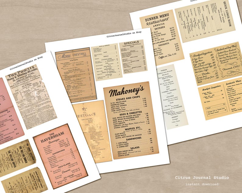 Vintage Menu Cards Ephemera, Printable Restaurant Menu Ephemera ...