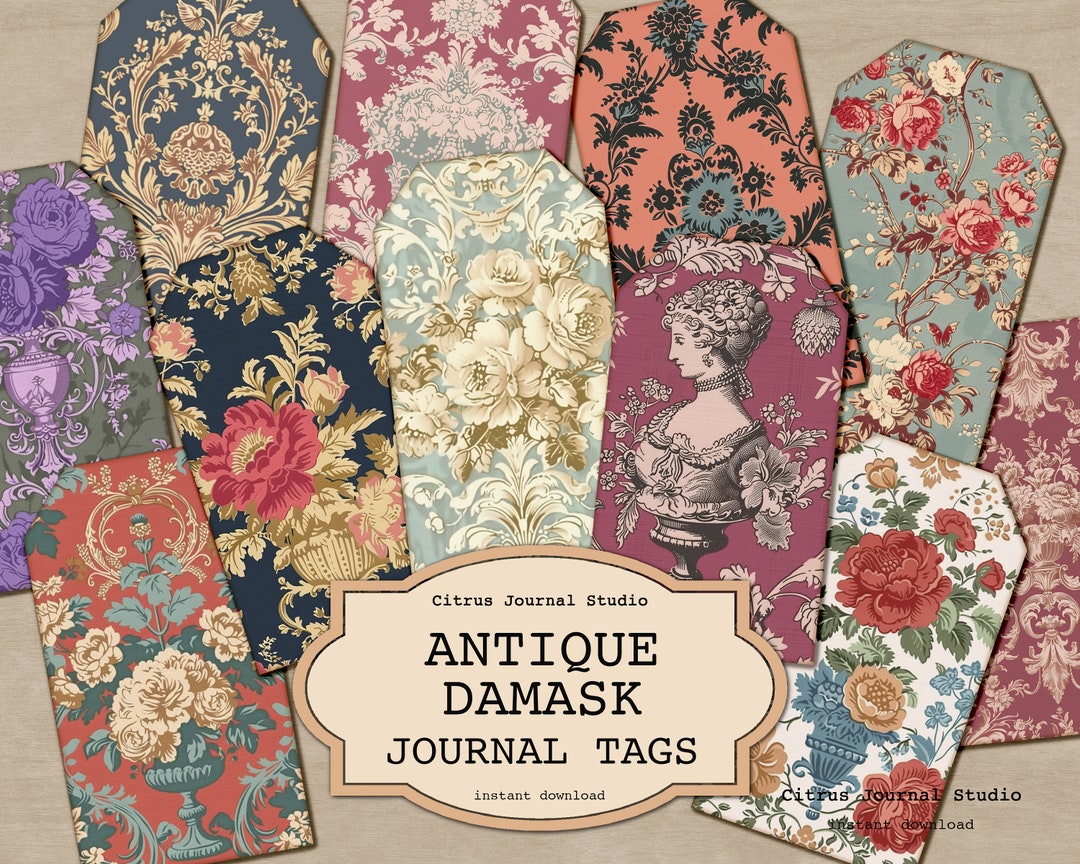 Junk Journal Tags, Printable Tags, Journal Insert, Damask Tags, Floral ...