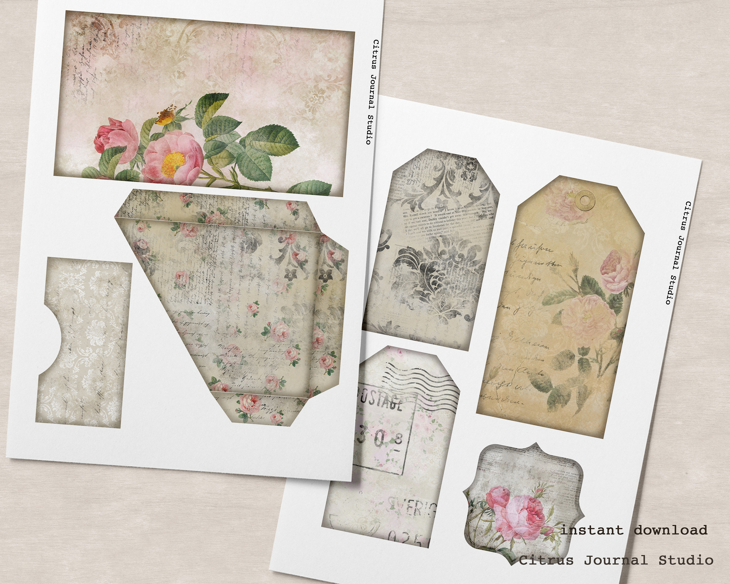 Roses Pocket Tag Junk Journal Kit Printable Ephemera - Etsy