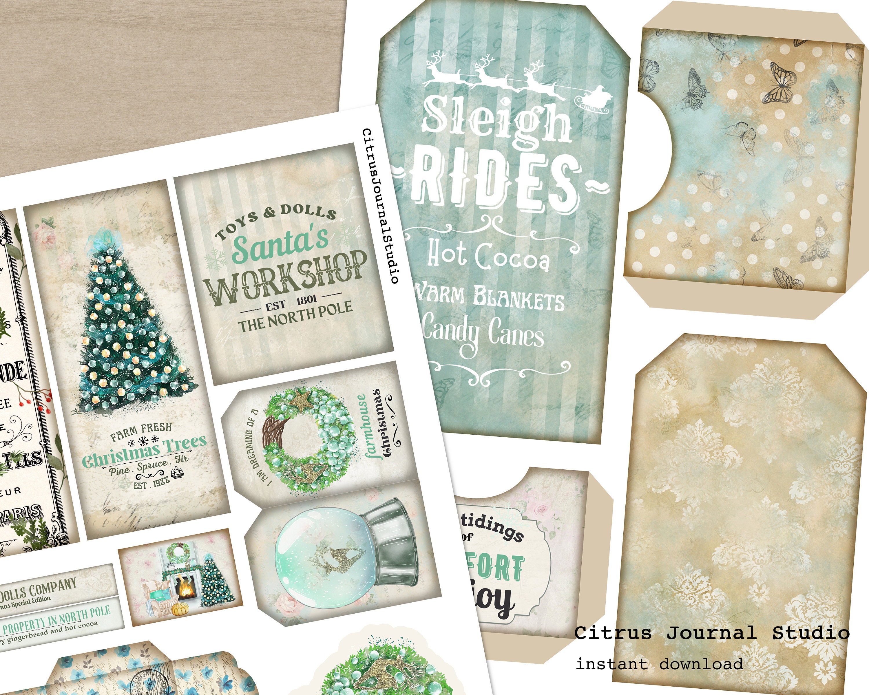 Christmas Pocket Tag, Christmas Loaded Tags, Shabby Chic, Blue ...