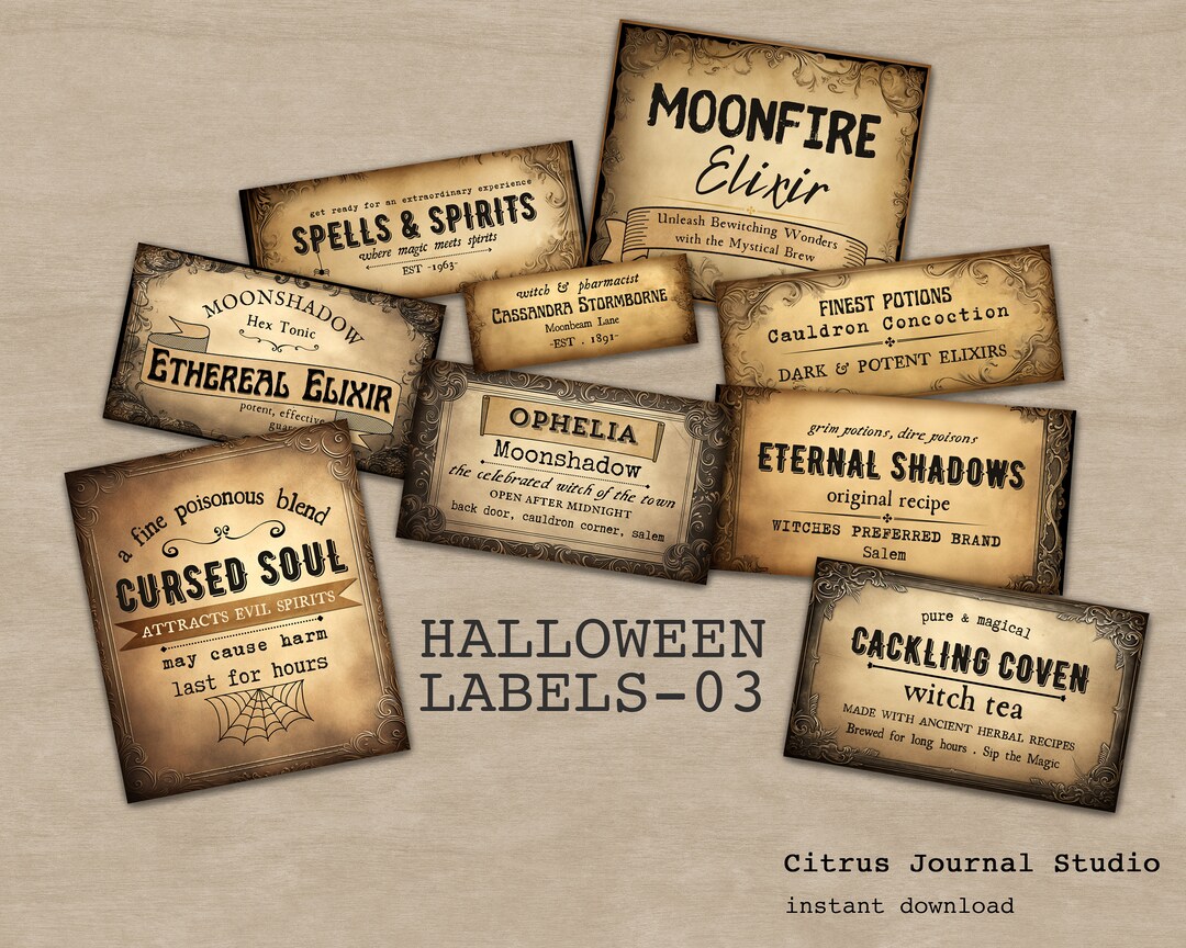 Halloween Labels, Vintage Ephemera, Witch Potion Labels, Digital Labels ...