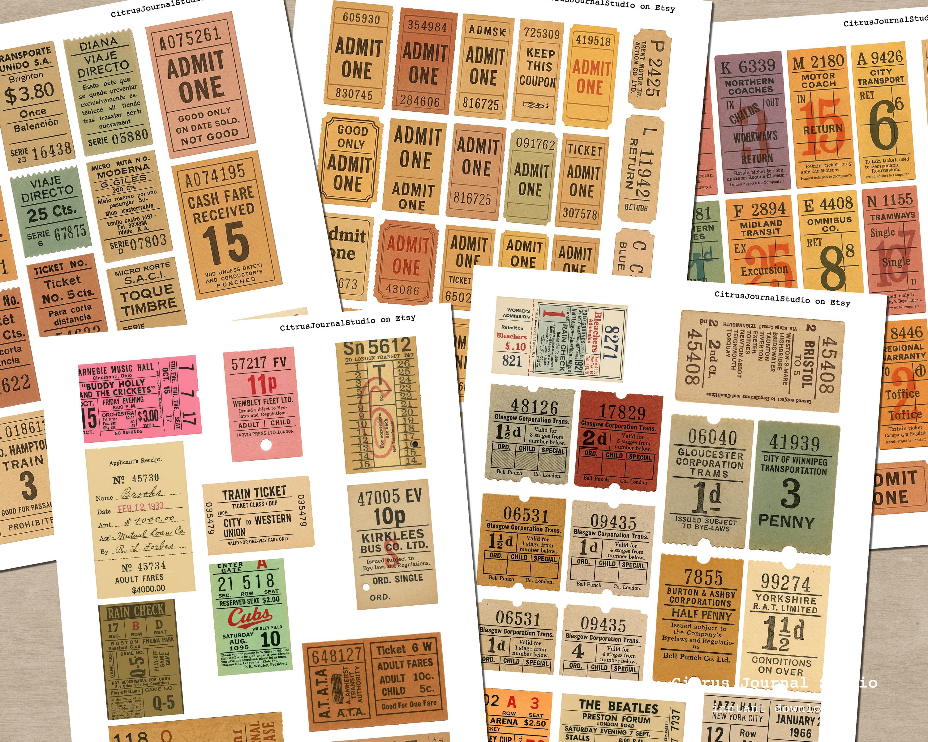 Vintage Ticket Stub Ephemera, Printable Junk Journal Tickets, Digital ...