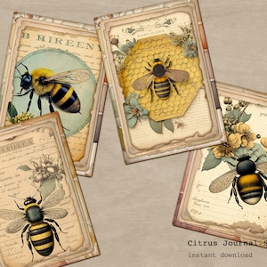 Honey Bee ATC, Vintage Ephemera, Junk Journal Tags, Busy Bee, Bumble ...