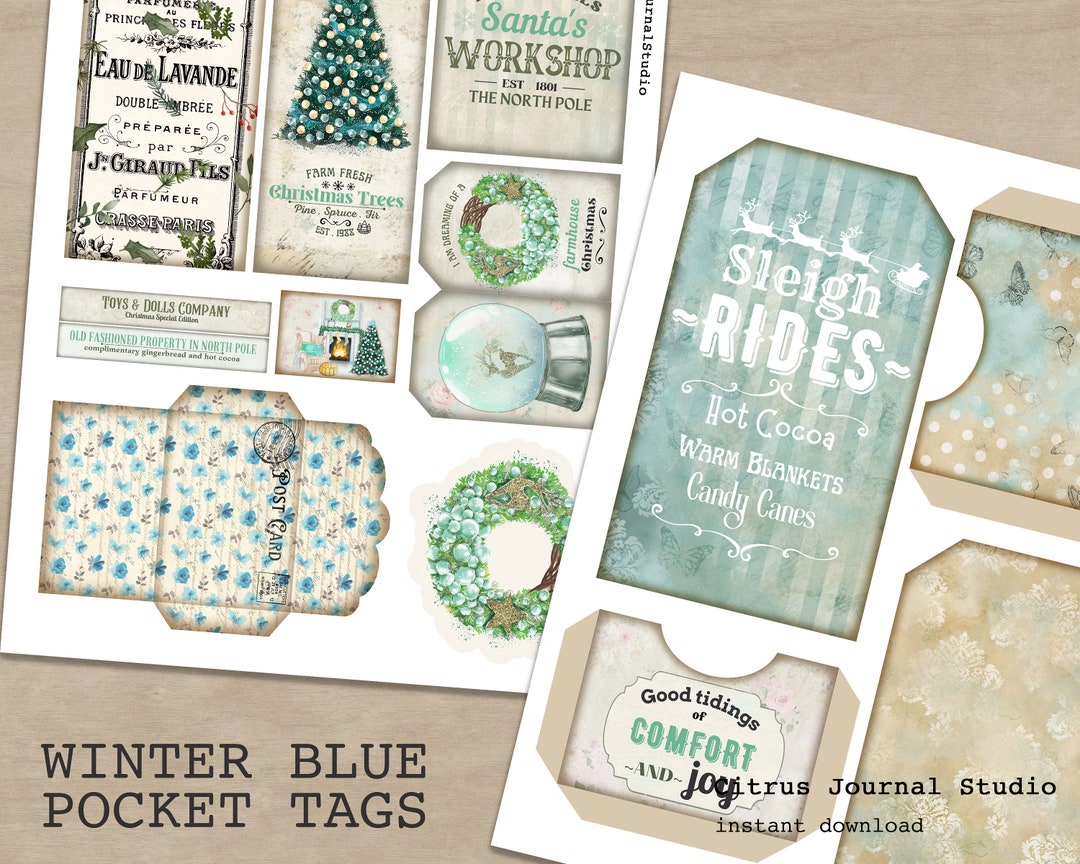 Christmas Pocket Tag, Christmas Loaded Tags, Shabby Chic, Blue ...