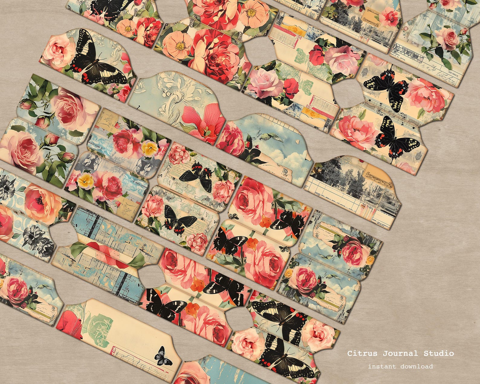 Floral Junk Journal Tabs, Butterfly Printable Tabs, Vintage ...