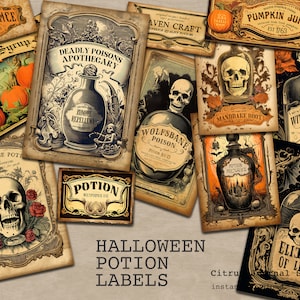 Halloween Ephemera, Skull ATC, Potion Labels, Digital Kit, Vintage ...