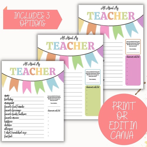All About My Teacher Printable Back to School Teacher Survey | Etsy