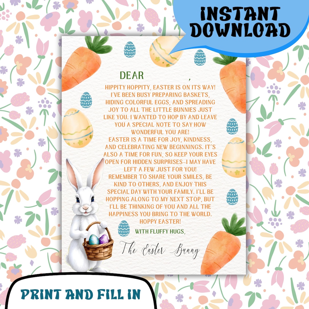 Easter Bunny Letter Printable, Easter Basket Accessory, Easter Basket ...