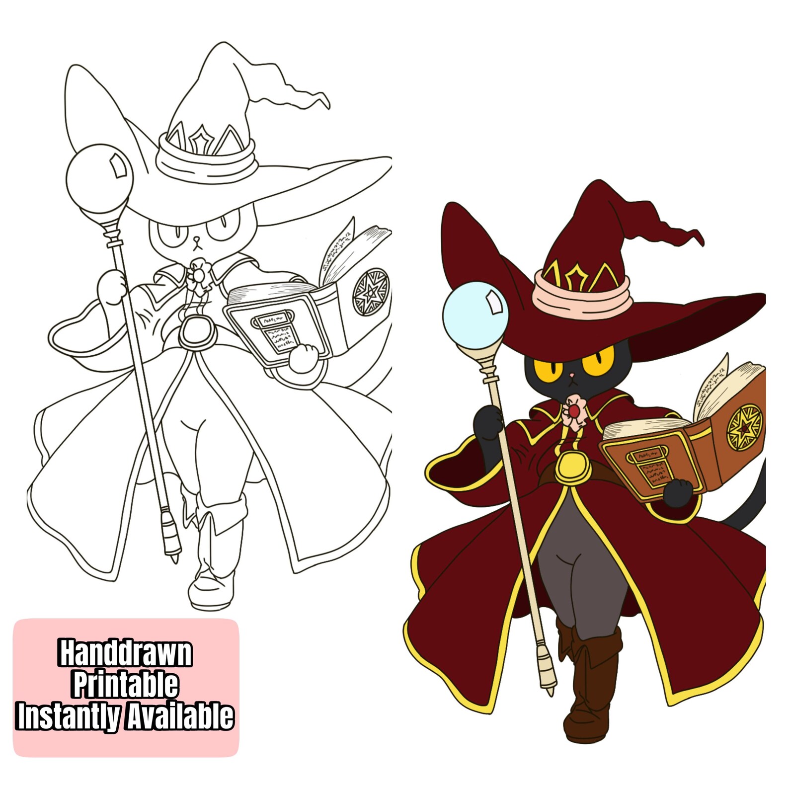 Handdrawn Printable Wizard Cat Coloring Page for Kids and Adults - Etsy