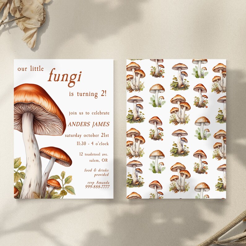 Little Fungi Birthday Party Invitation, Mushroom Themed Birthday Invite ...