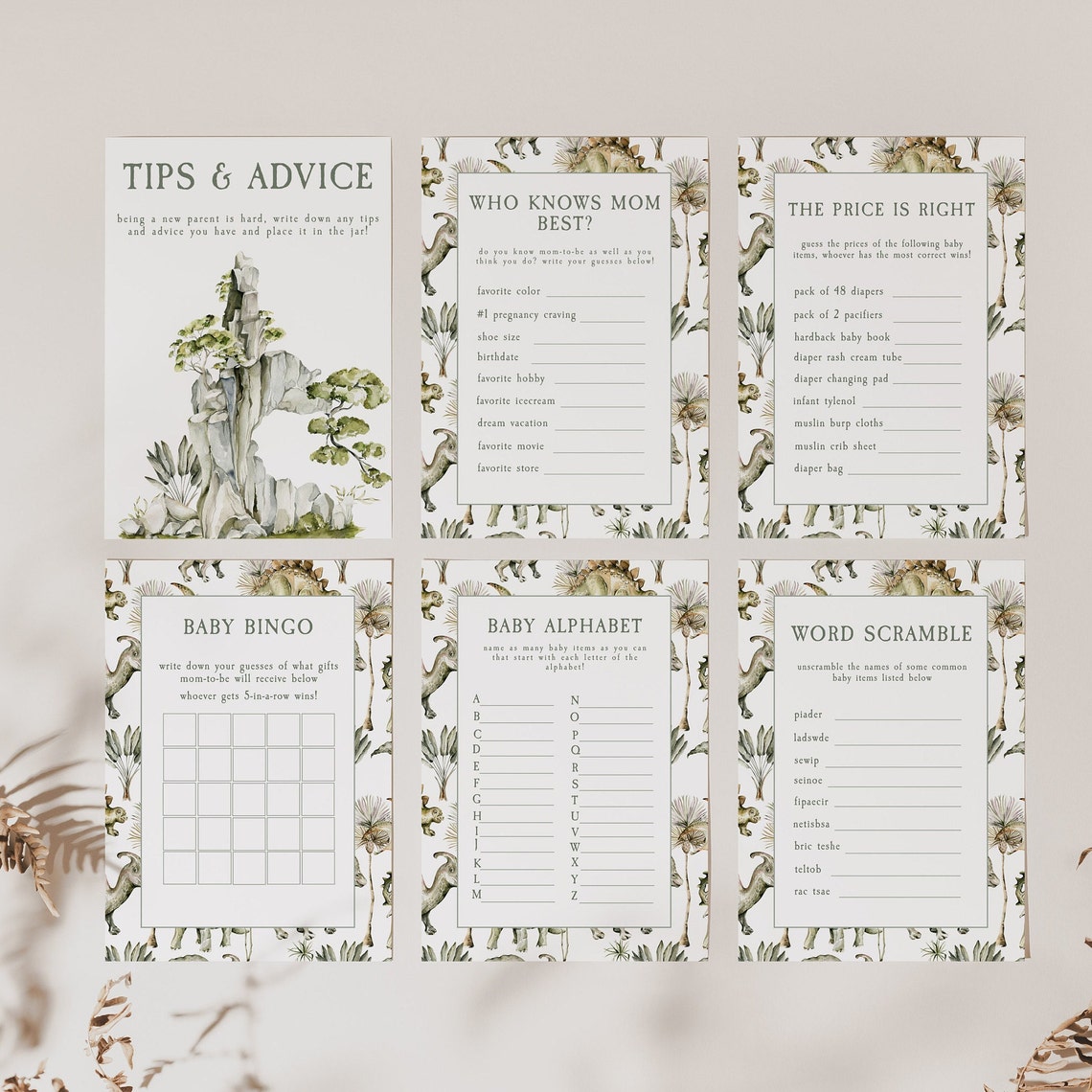 Hatching Soon Dinosaur Baby Shower Games, Set of 6 Editable Baby Shower ...