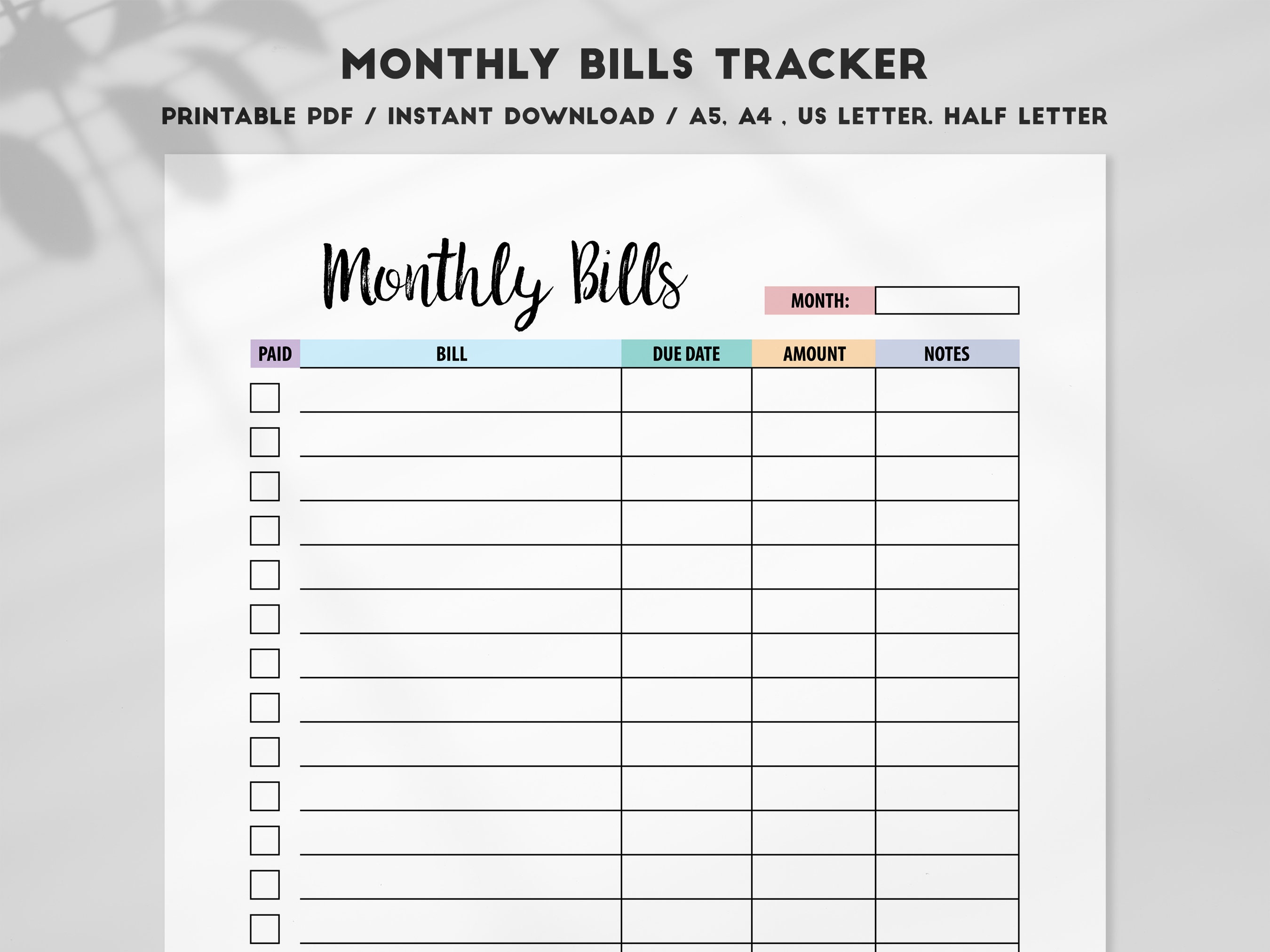 Monthly Bill Tracker Monthly Bill Log Bill Planner Bill - Etsy