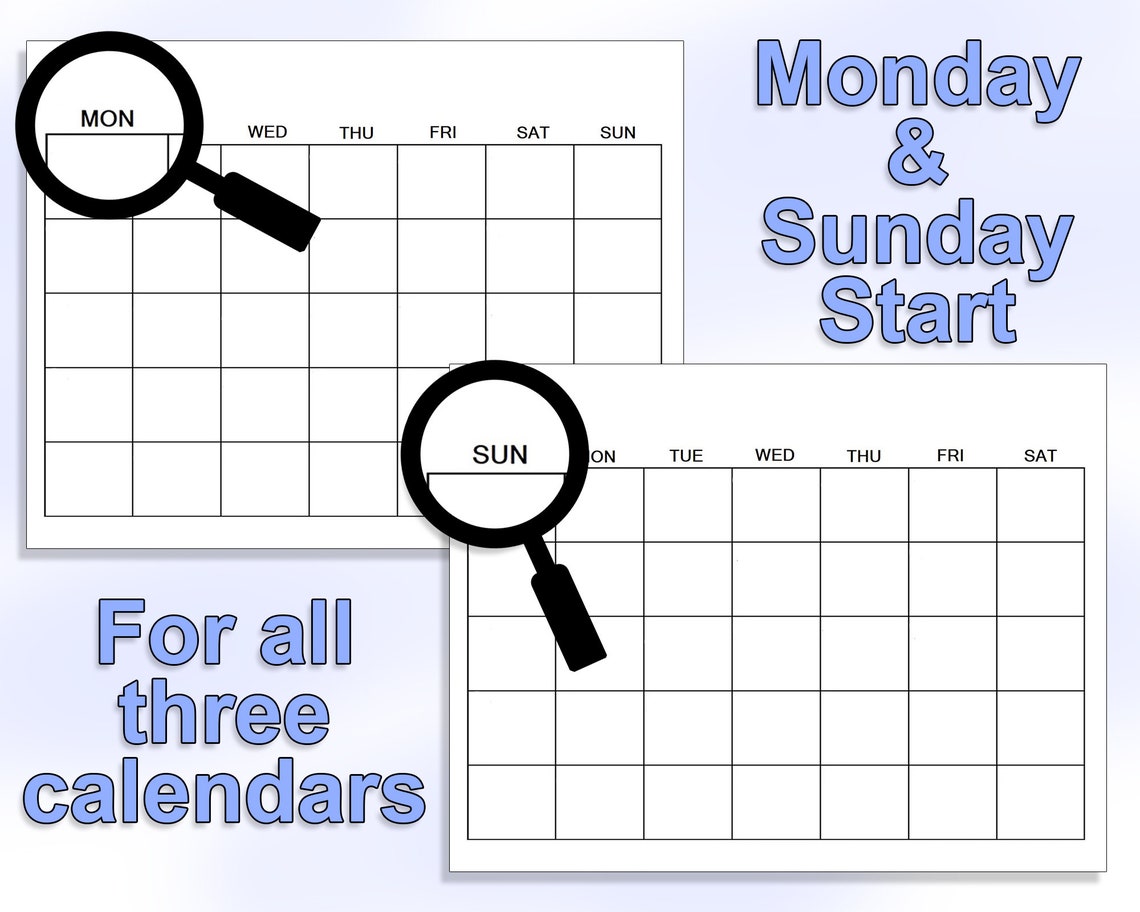 Blank Calendar Package Printable Pdfs 3 Styles 8.5 in X - Etsy Canada Blank Calendar Package Printable Pdfs 3 Styles 8.5 in X - Etsy Canada