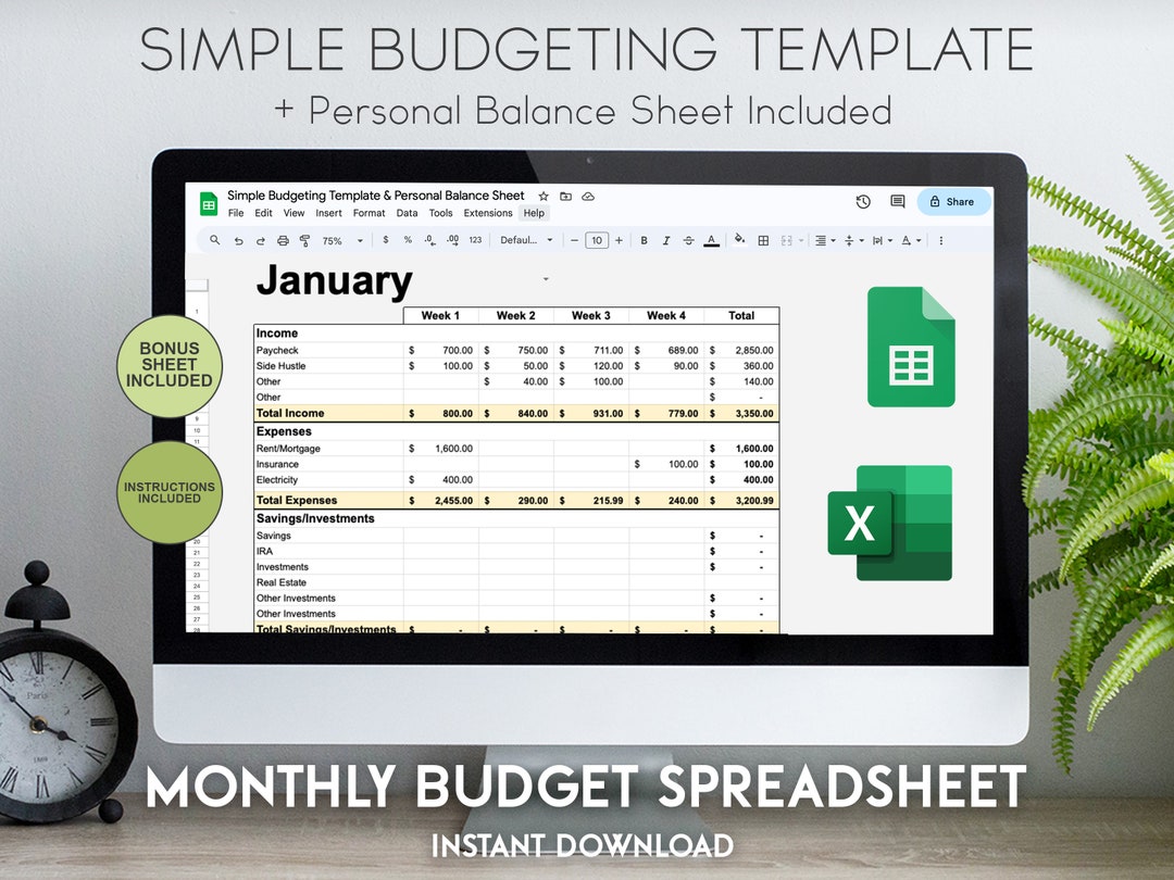 Simple Budgeting Template | BONUS Personal Balance Sheet | Google Sheet ...