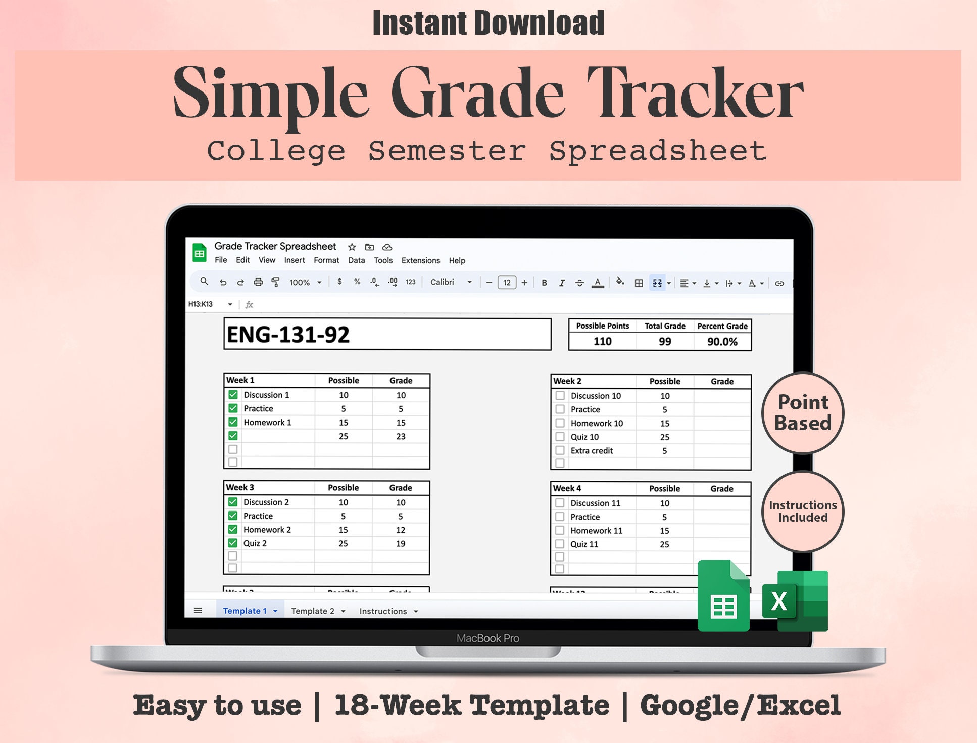 Simple Grade Tracker College Semester Spreadsheet Google Sheets & Excel ...