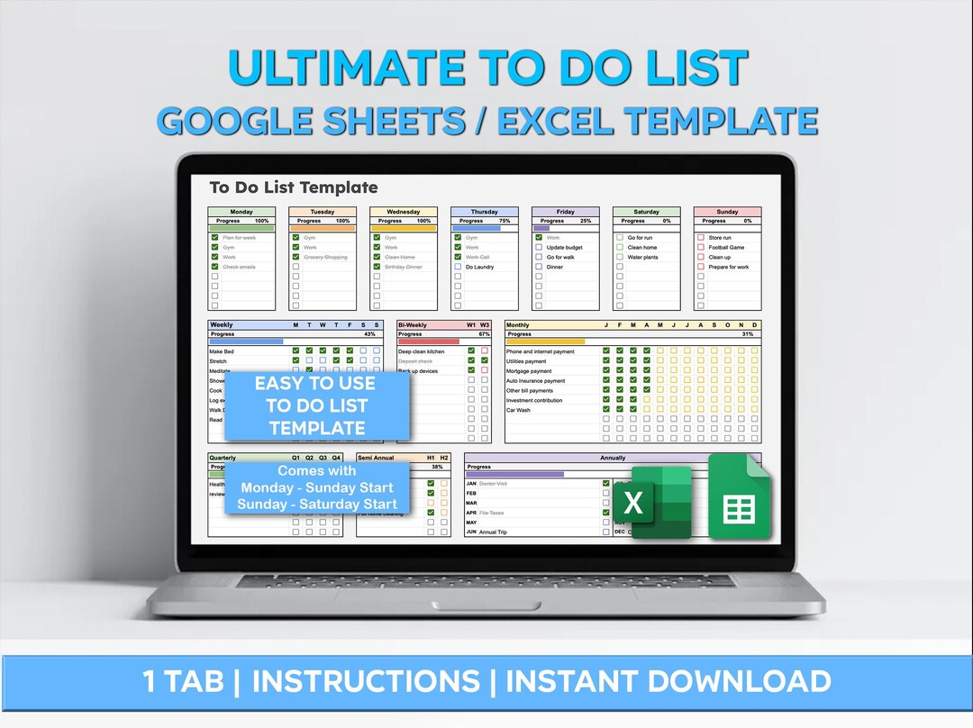 To-do List Spreadsheet for Google Sheets & Excel | Daily, Weekly ...