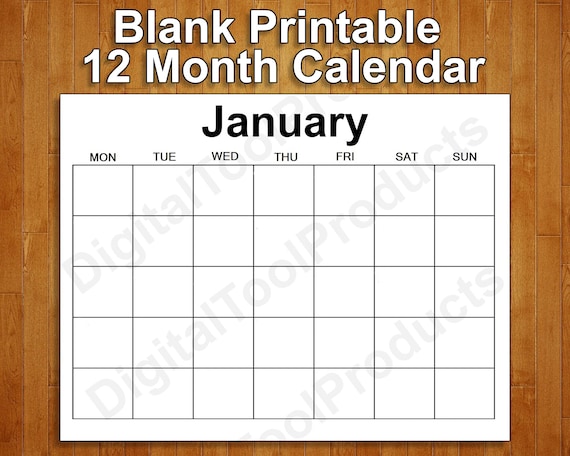 Blank Calendar 12 Month Calendar printable Pdfs 8.5 in X - Etsy