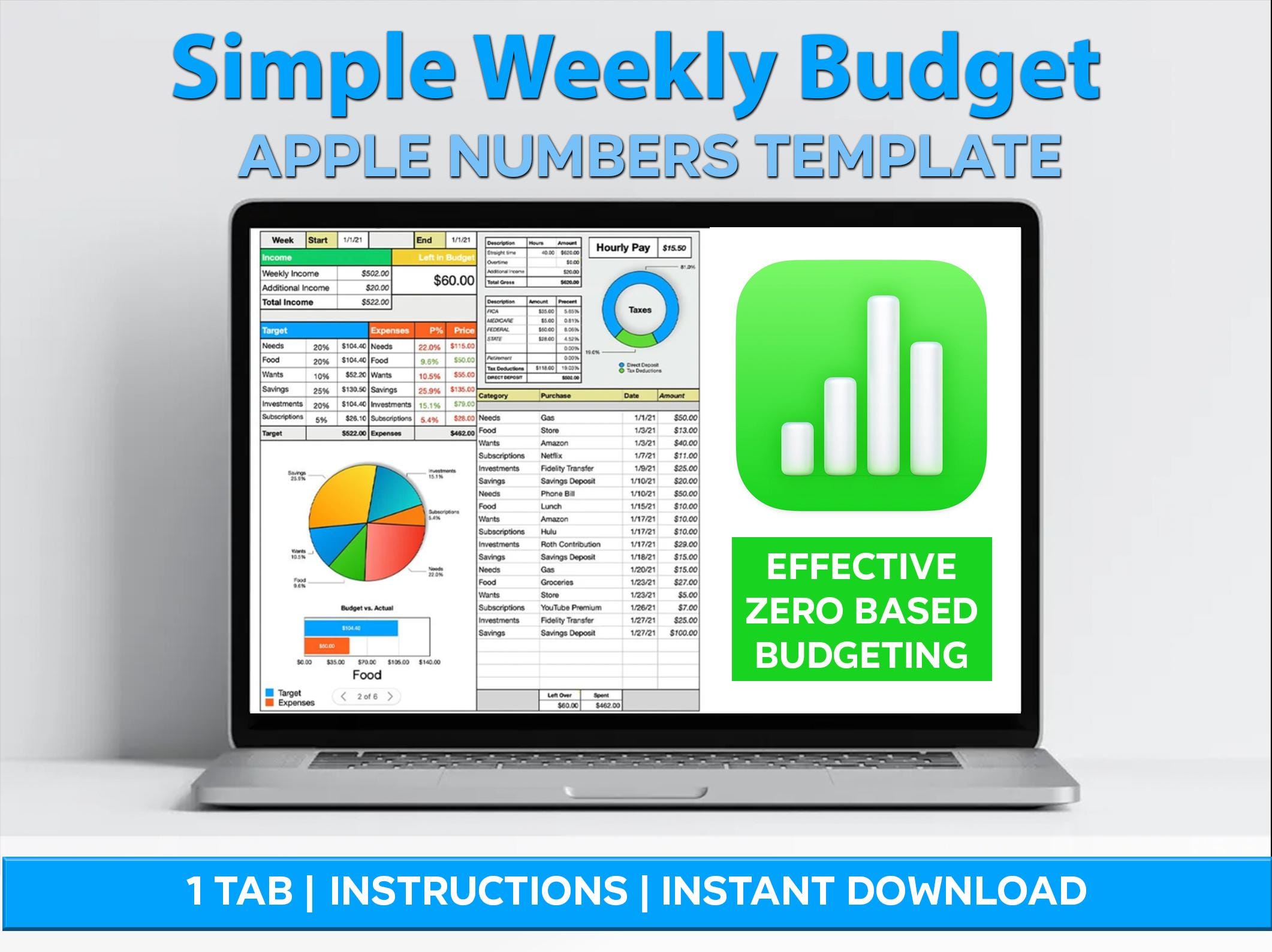 Weekly Budget Spreadsheet | Zero Based Budget | Paystub & Tax Tracker ...
