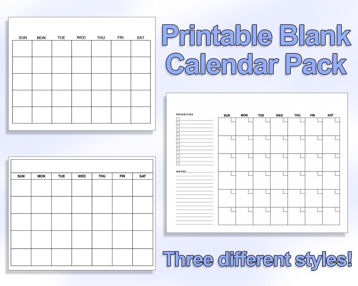 Blank Calendar Package Printable Pdfs 3 Styles 8.5 in X - Etsy Canada
