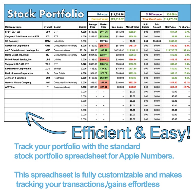 Standard Stock Portfolio Tracker: Apple Numbers Spreadsheet (digital ...