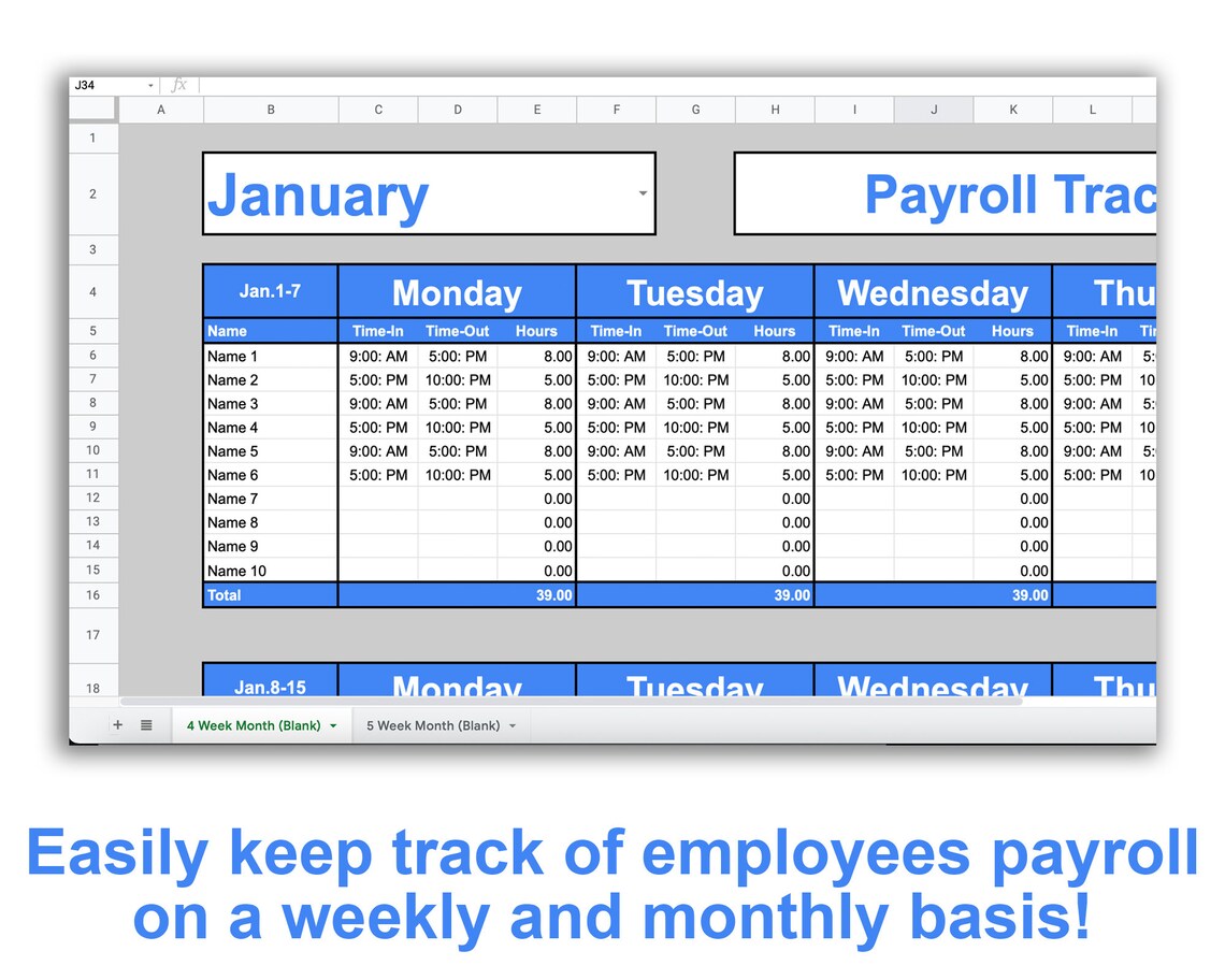 Simple Payroll Tracker: Employee Hour Tracker, Google Sheets (PDF) - Etsy