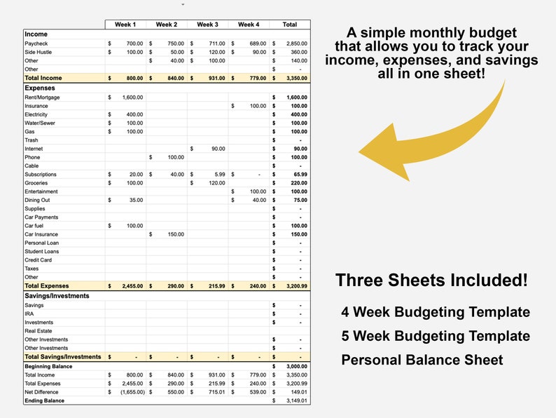 Simple Budgeting Template | BONUS Personal Balance Sheet | Google Sheet ...