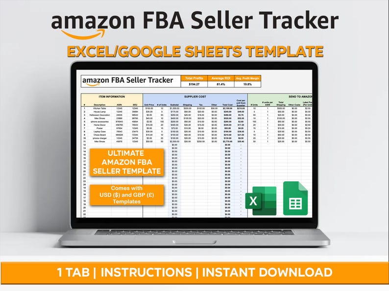 Amazon FBA Seller Template | Google Sheets & Excel | Track Sales, Expenses, Profits, Profit ...