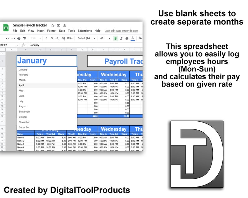 Simple Payroll Tracker: Employee Hour Tracker, Google Sheets (PDF) - Etsy