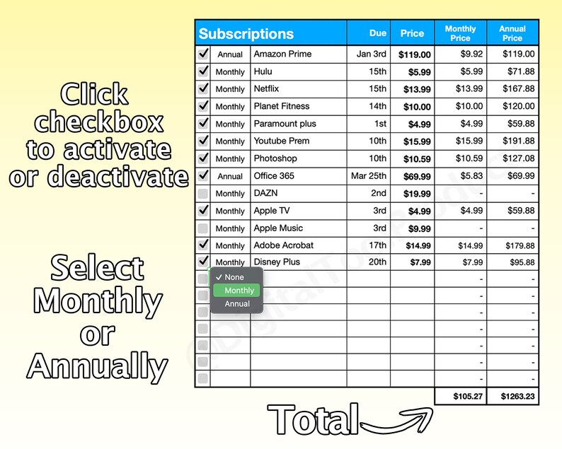 Subscription Tracker Spreadsheet | Subscription Spreadsheet | Apple ...