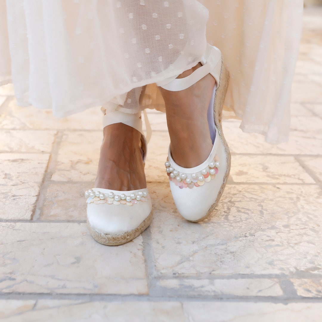 Elegant Ivory Satin Espadrilles With Pearl Embellishments for Weddings ...