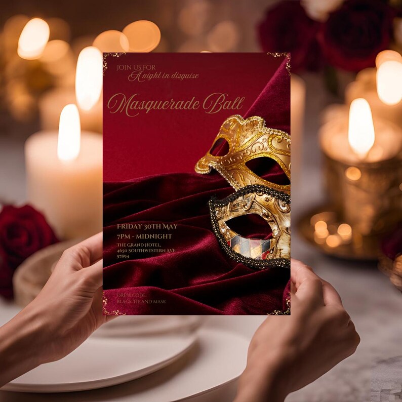 Editable Masquerade Ball Invitation Red Velvet Masked Gala Gold Mardi ...