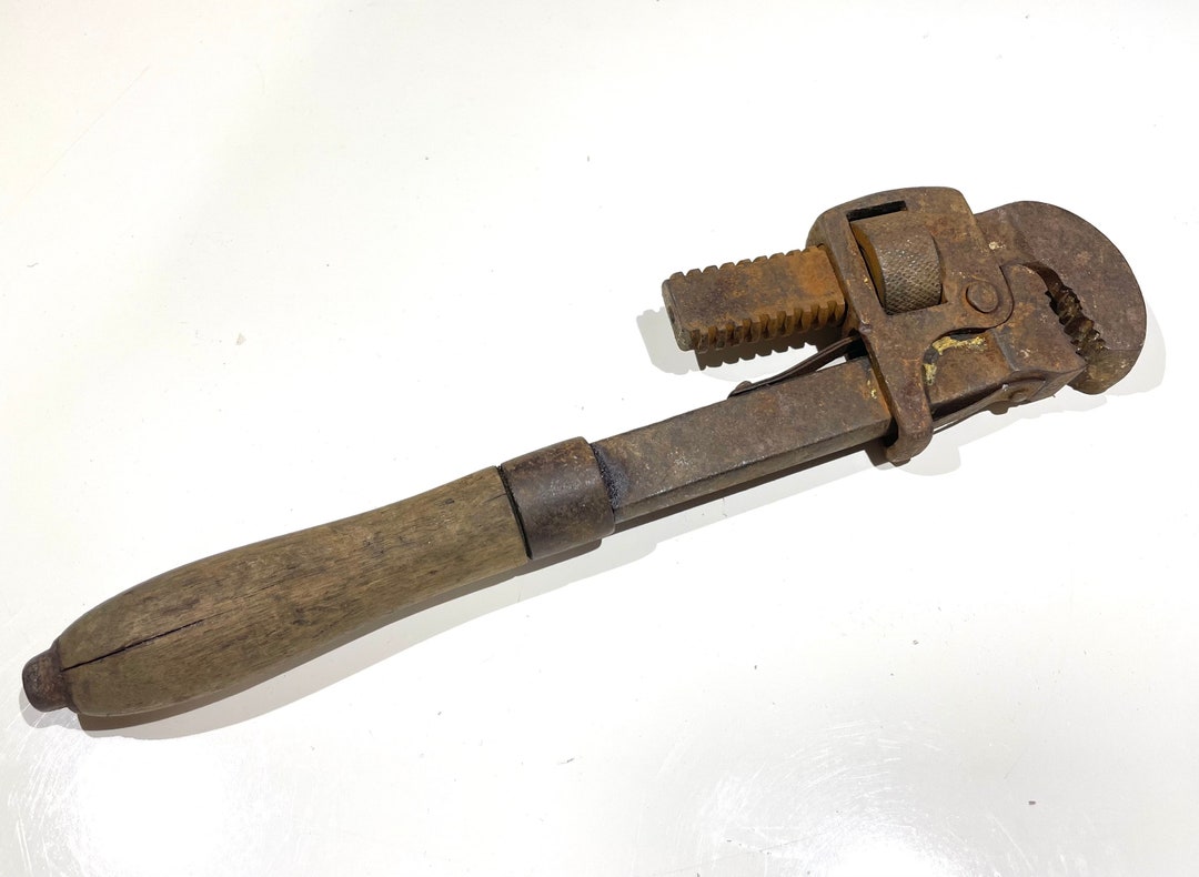 Vintage Rusty Adjustable Wrench With Cracked Wooden Handle Measures 12 ...