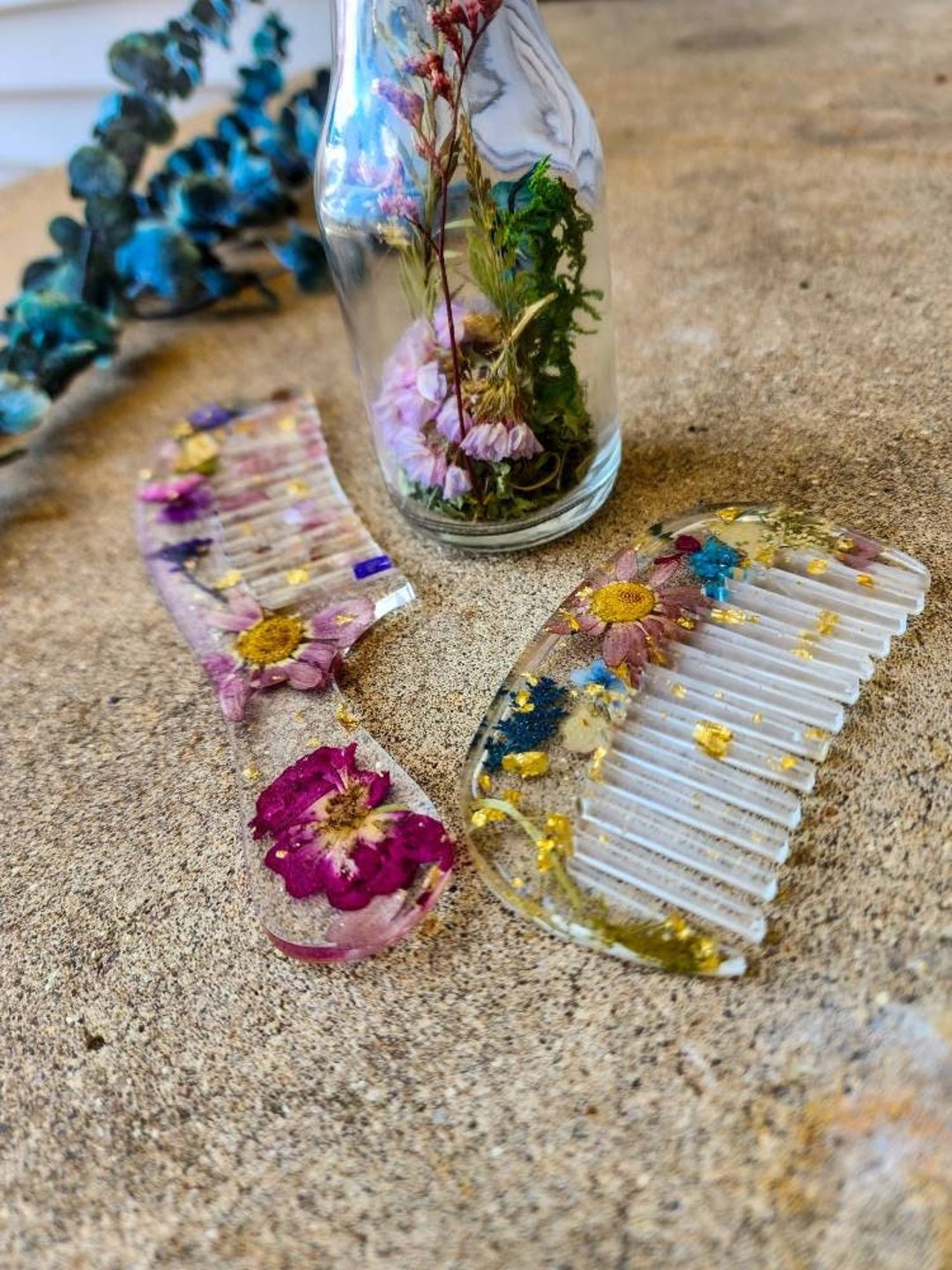 Resin Comb, Flower Hair Comb, Floral Resin Comb, Pressed Flower Brush ...