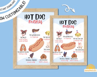 NEW! Hot Dog Bar Menu Sign, Printable, Birthday Party, Puppy Adoption ...