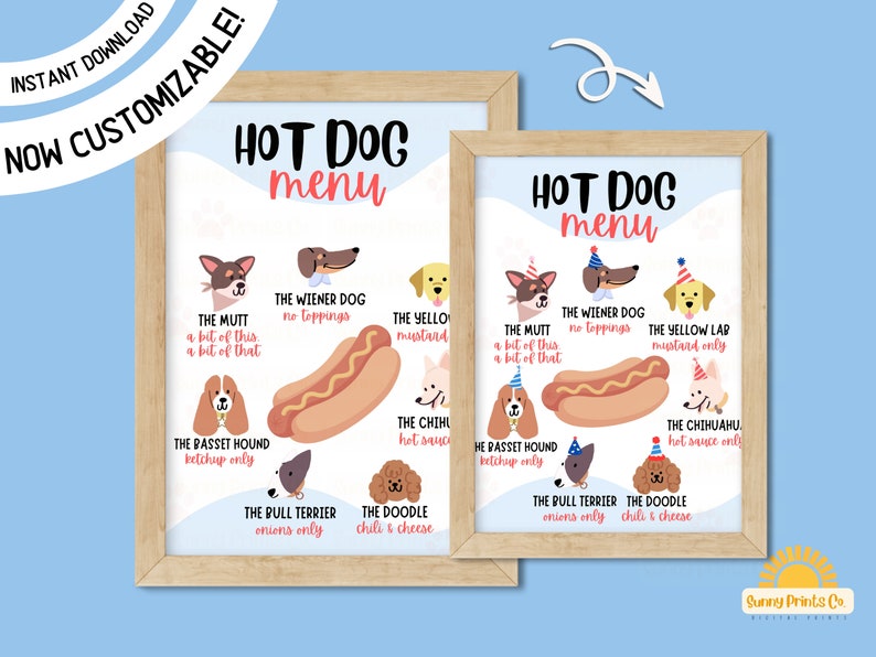 NEW! Hot Dog Bar Menu Sign, Printable, Dog Birthday Party, Puppy ...