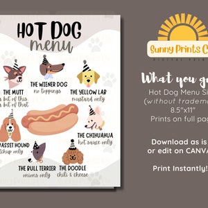 NEW! Hot Dog Bar Menu Sign, Printable, Birthday Party, Puppy Adoption ...
