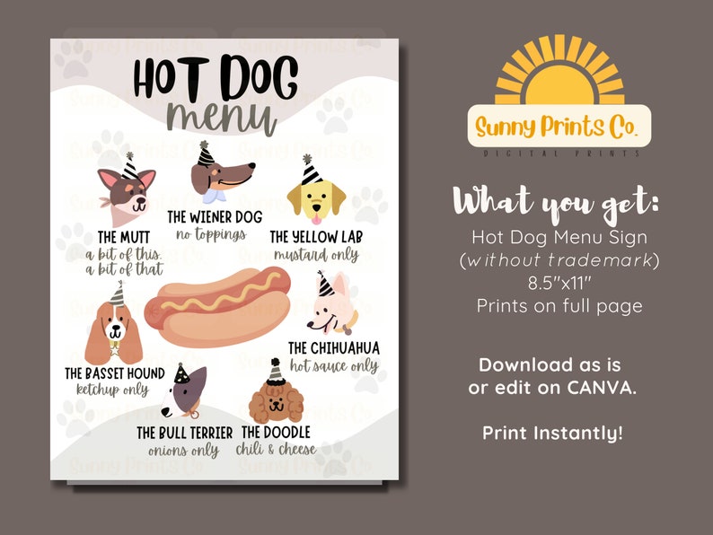 NEW! Hot Dog Bar Menu Sign, Printable, Birthday Party, Puppy Adoption ...